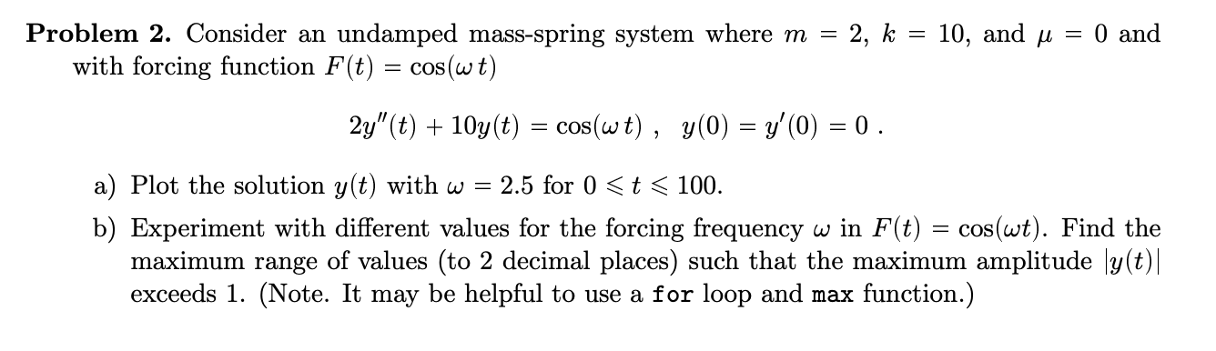 Solved Problem 2. ﻿Consider an undamped mass-spring system | Chegg.com