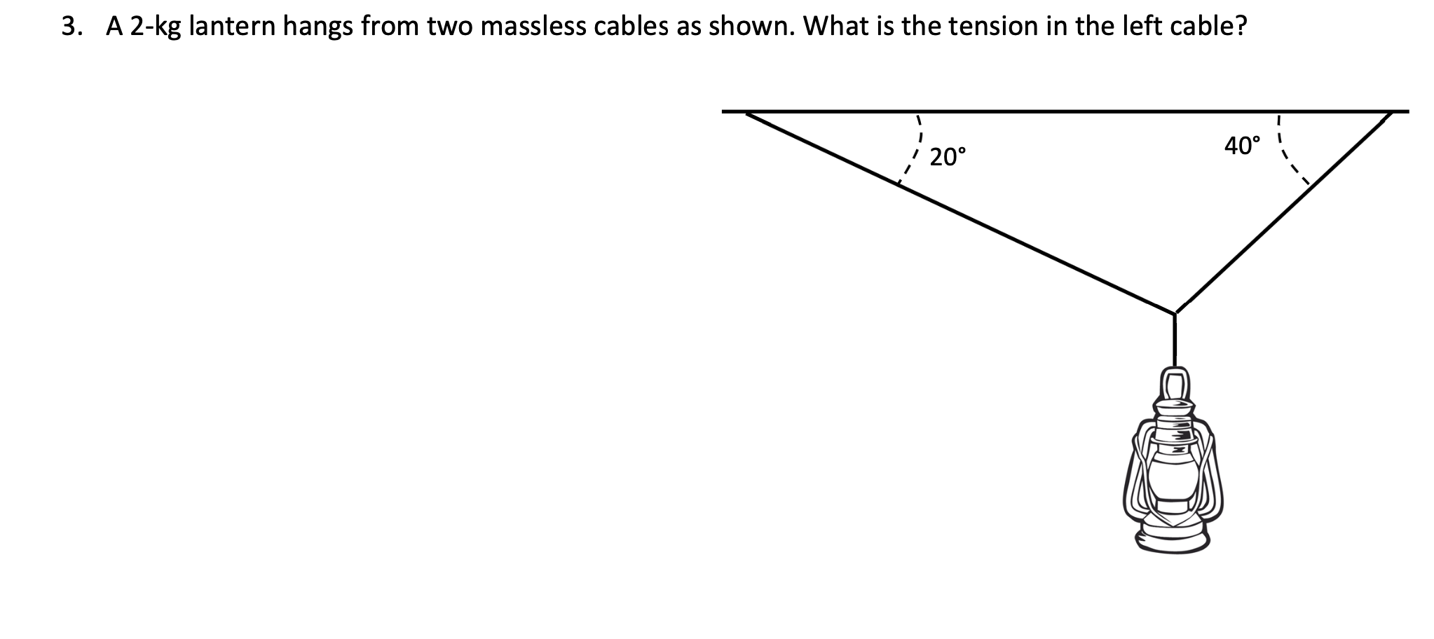 Solved 3. A 2-kg lantern hangs from two massless cables as | Chegg.com