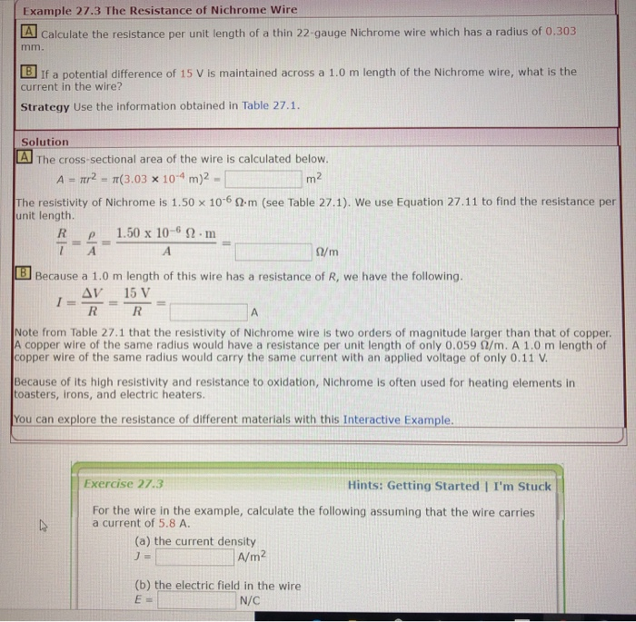 Solved Example 27.3 The Resistance of Nichrome Wire A | Chegg.com