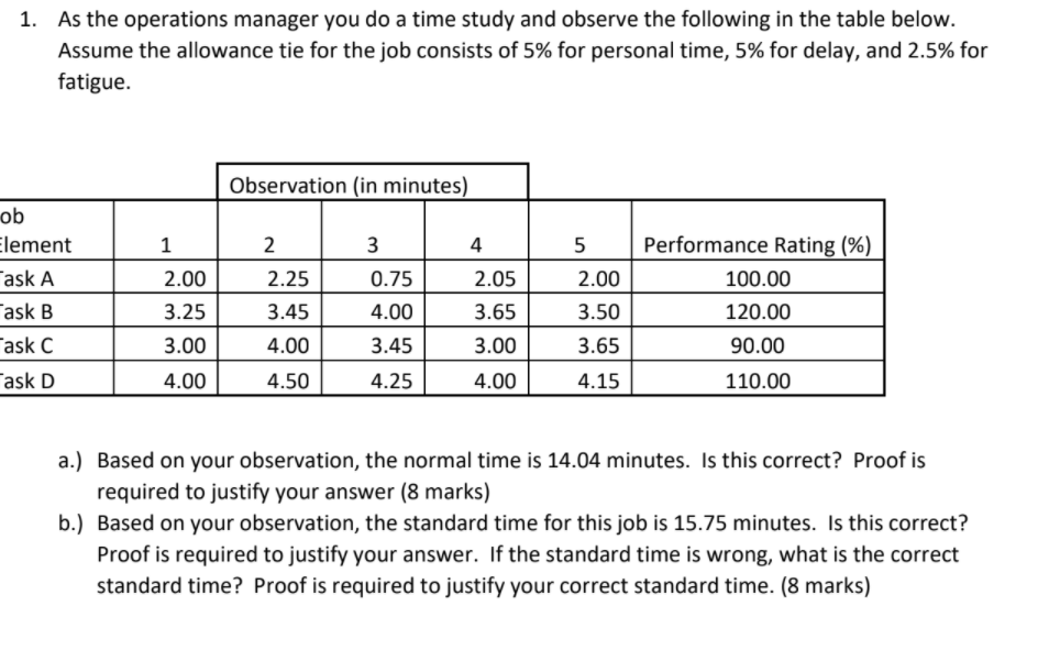 Solved 1. As the operations manager you do a time study and | Chegg.com