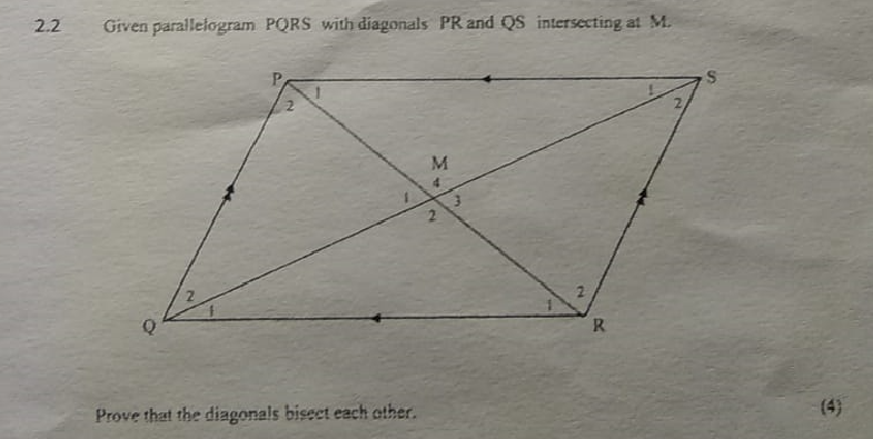 Solved 2. Given parallelogram PQRS with diagonals PR and QS | Chegg.com