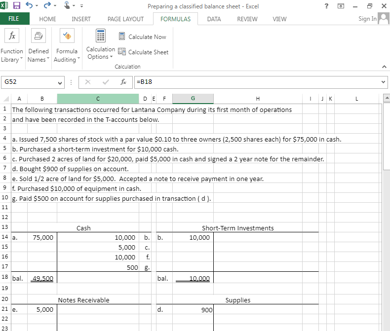 Solved Preparing a Classified Balance Sheet using Excel's | Chegg.com