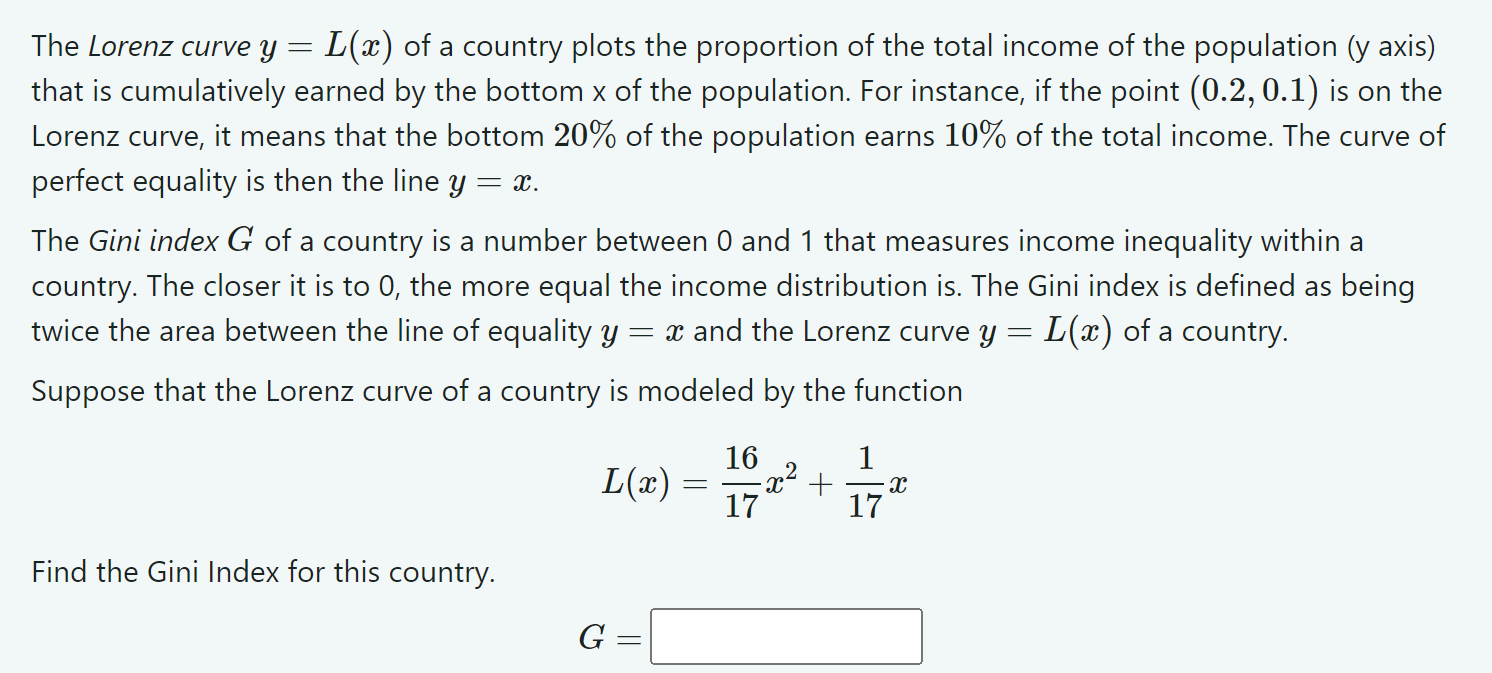 Solved The Lorenz curve y=L(x) of a country plots the | Chegg.com