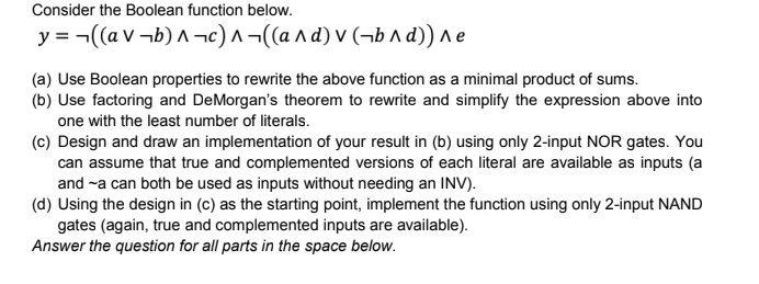 Solved Consider the Boolean function below. y = ¬((a v ¬b) A | Chegg.com