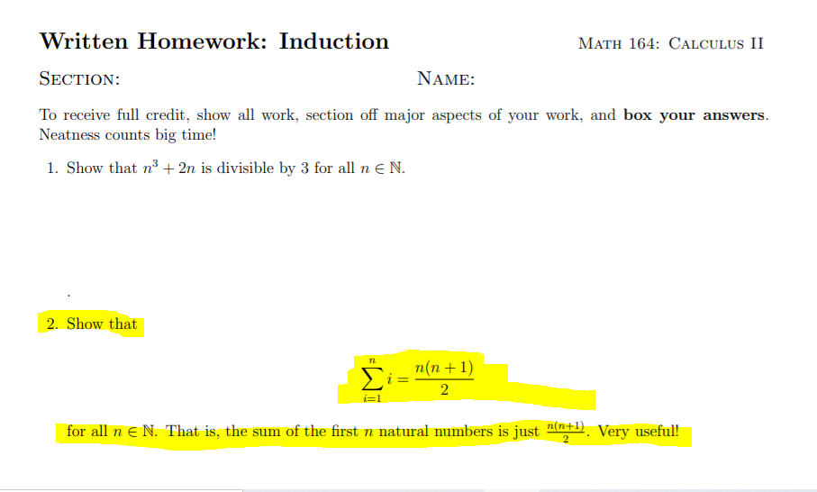 Solved Written Homework: Induction MATH 164: CALCULUS II | Chegg.com