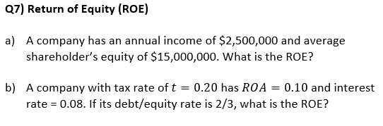 Solved Q7) Return of Equity (ROE) a) A company has an annual | Chegg.com