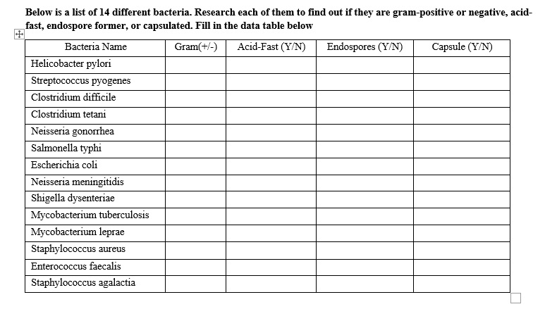 Below is a list of 14 different bacteria. Research | Chegg.com