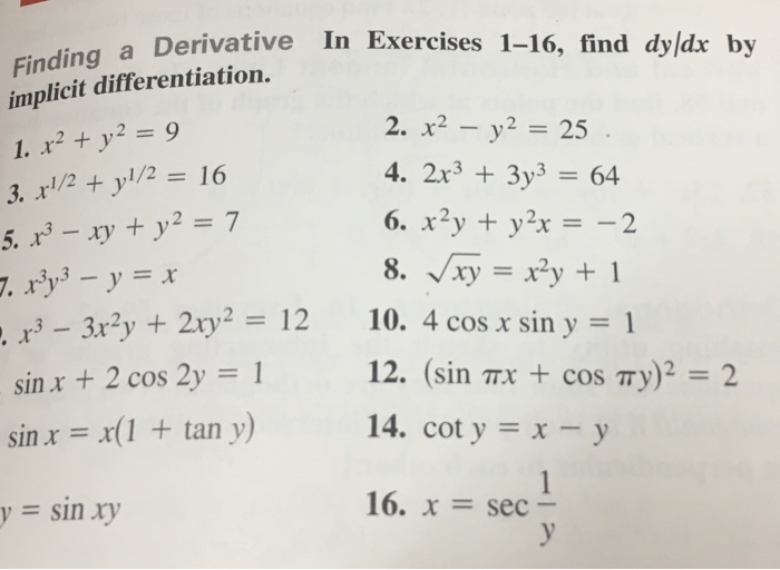 Solved ding a Derivative In Exercises 1-16, find dy/dx by | Chegg.com