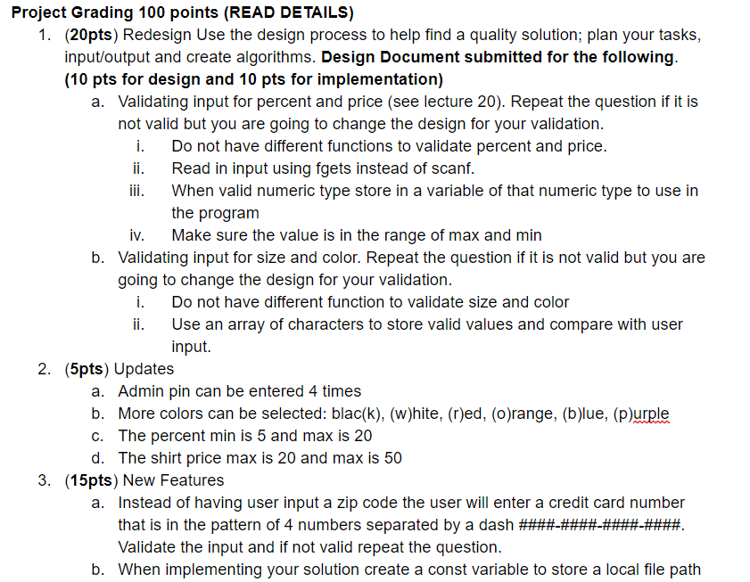 Project Grading 100 points (READ DETAILS) 1. (20pts) | Chegg.com