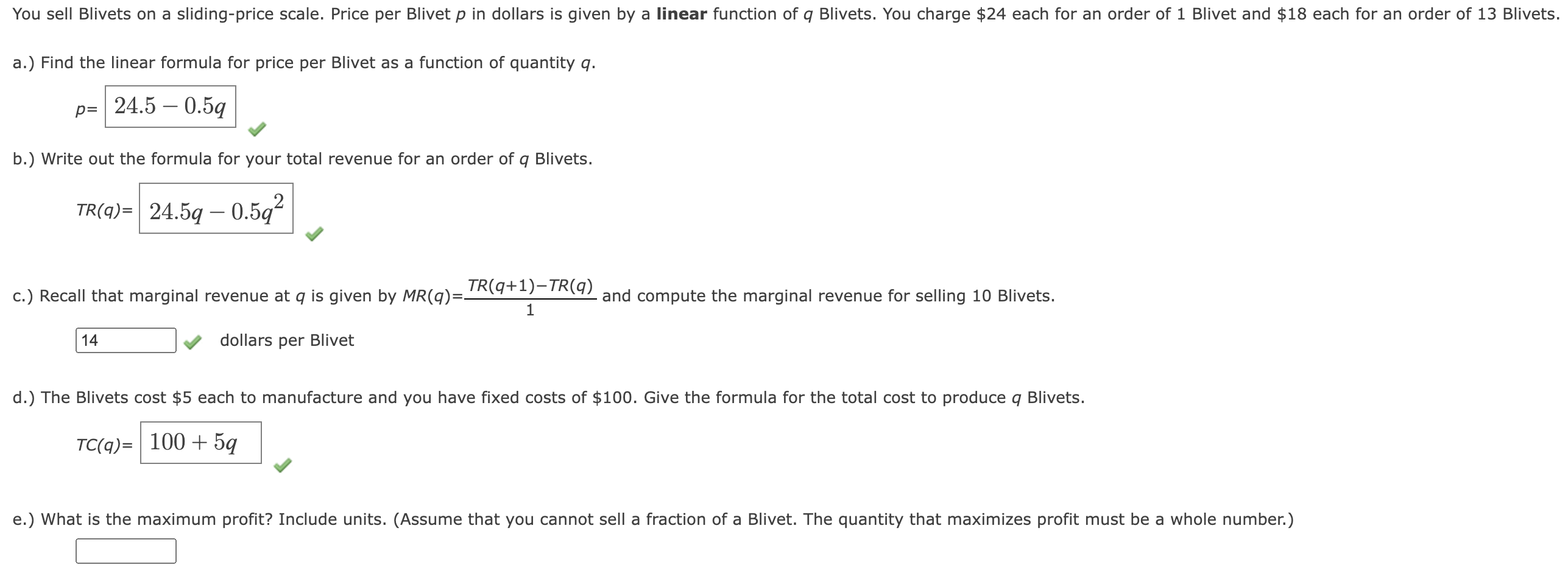 Solved You sell Blivets on a sliding-price scale. Price per | Chegg.com