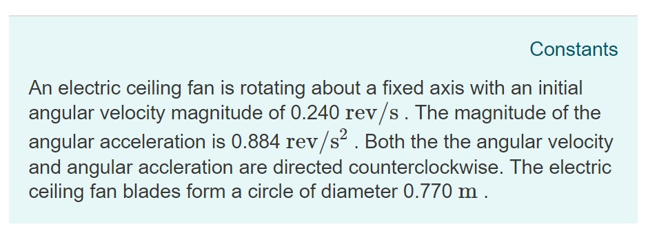 Solved Constants An electric ceiling fan is rotating about a | Chegg.com