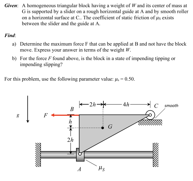 Solved Given: A homogeneous triangular block having a weight | Chegg.com