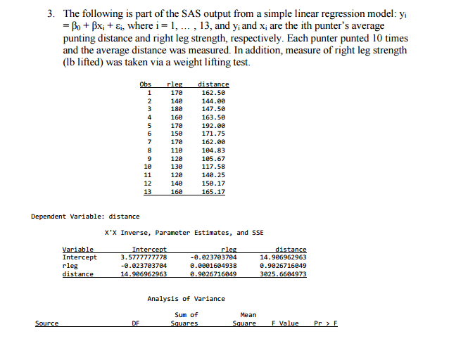 Solved 3. The following is part of the SAS output from a | Chegg.com