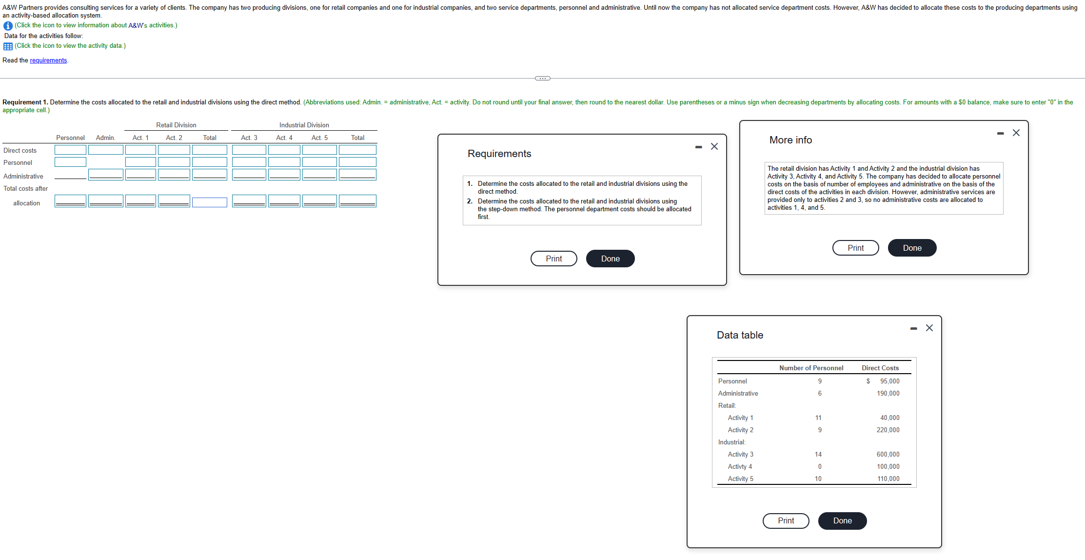 Solved Requirements 1. Determine the costs allocated to the | Chegg.com