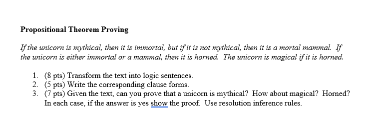 Solved Propositional Theorem Proving If the unicorn is | Chegg.com