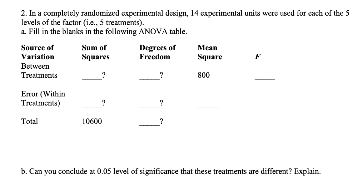 Solved 2. In a completely randomized experimental design, 14 | Chegg.com