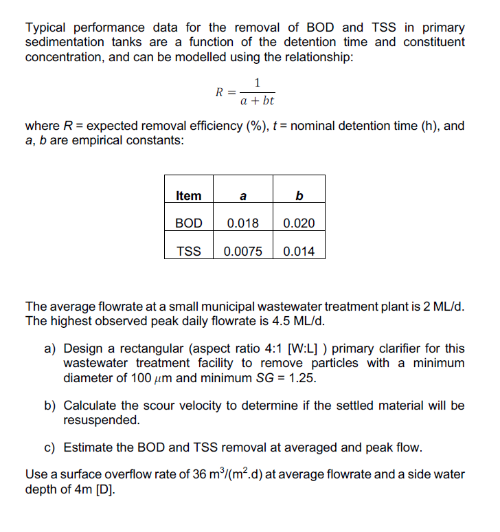Typical performance data for the removal of BOD and | Chegg.com
