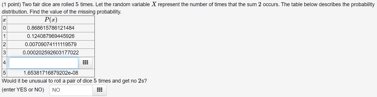 Solved (1 point) Two fair dice are rolled 5 times. Let the | Chegg.com