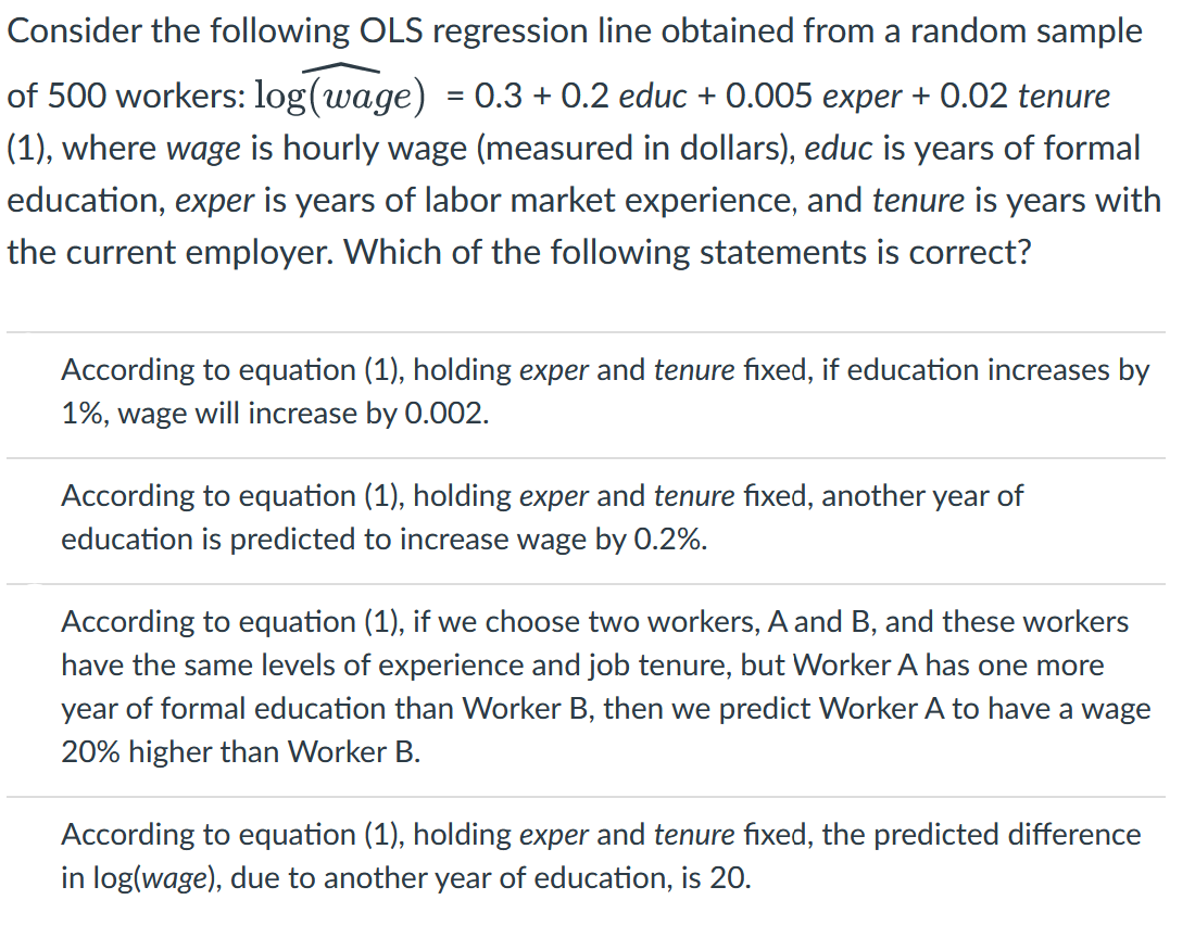 Solved Consider the following OLS regression line obtained | Chegg.com