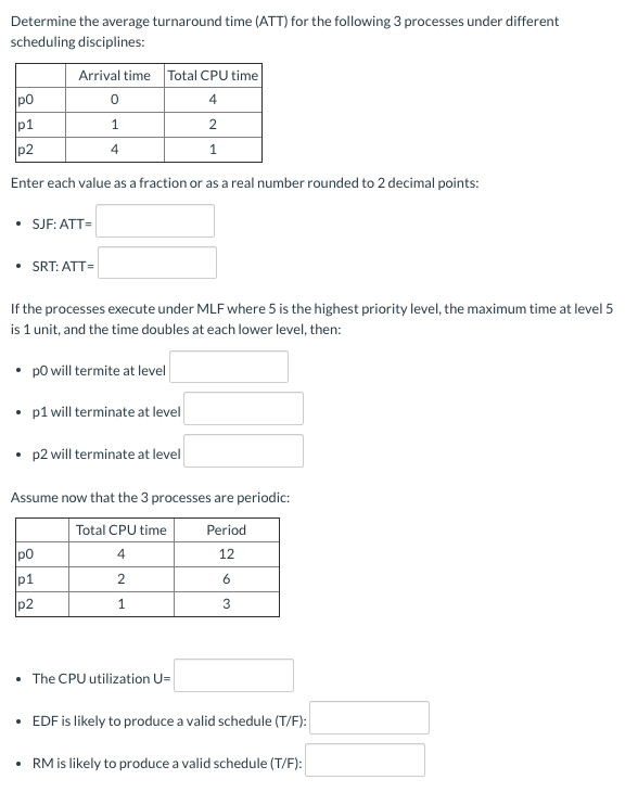 Solved Determine the average turnaround time (ATT) for the | Chegg.com