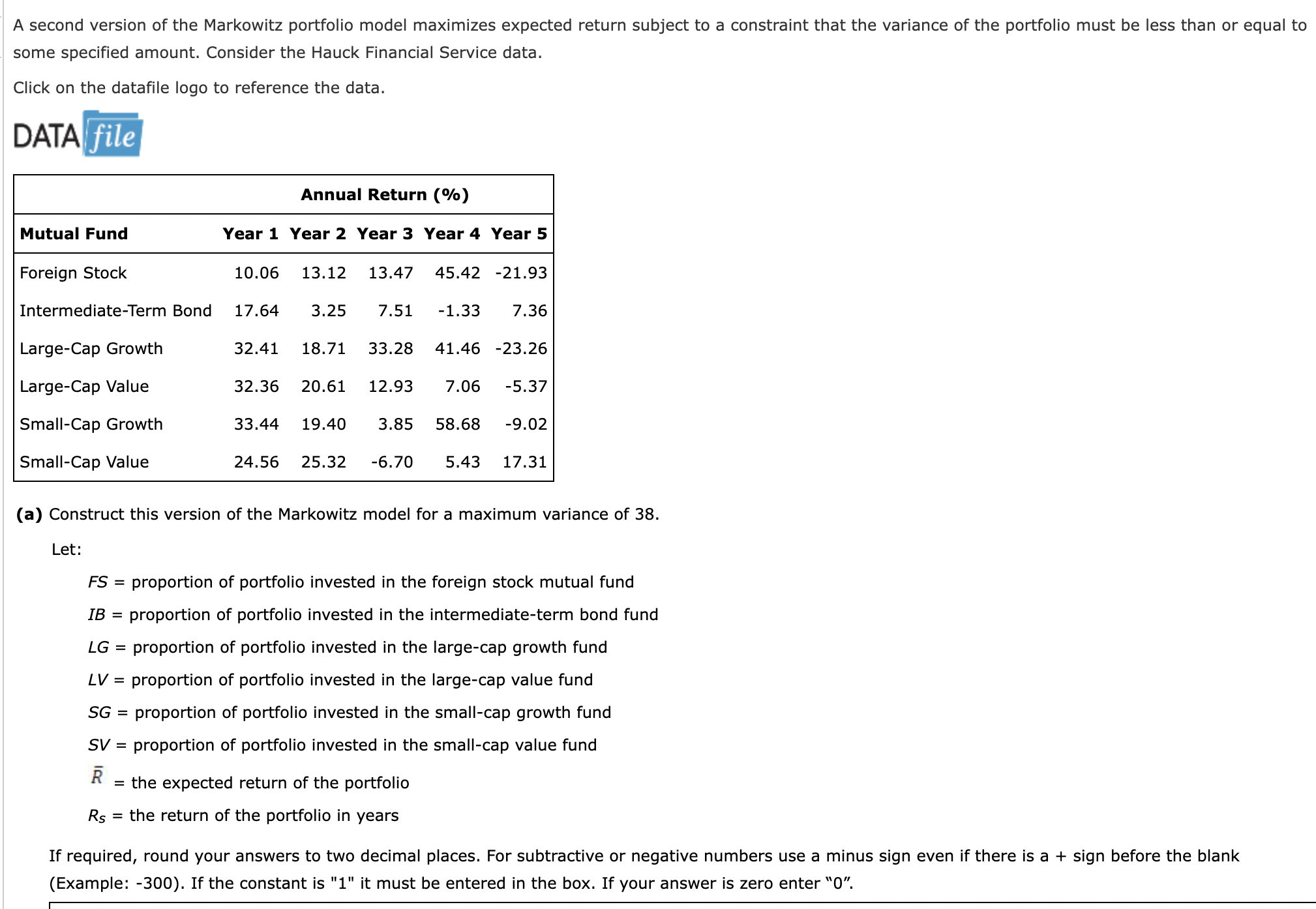 A second version of the Markowitz portfolio model | Chegg.com