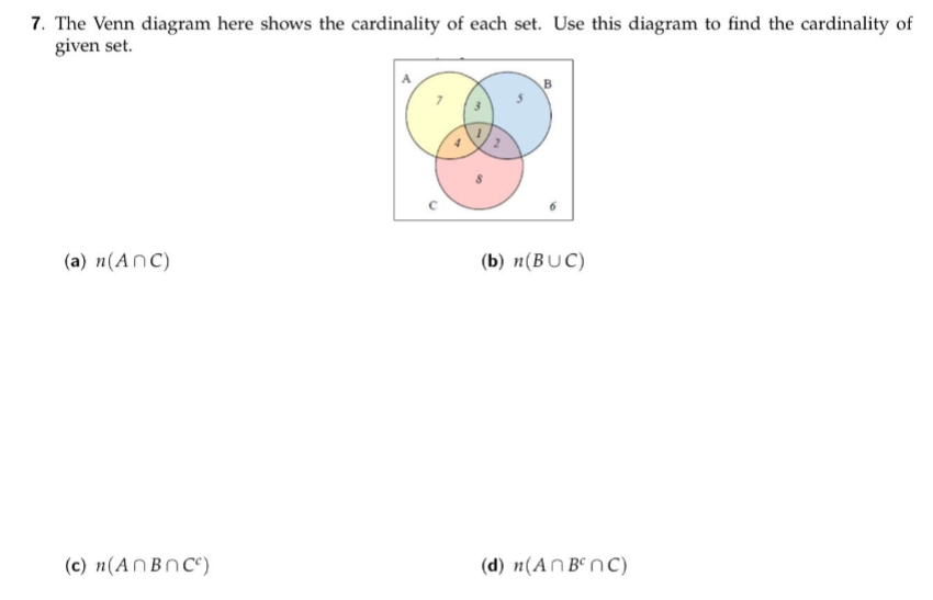Solved 7. The Venn diagram here shows the cardinality of | Chegg.com