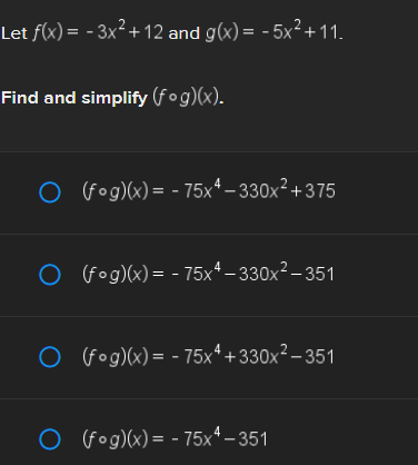 Solved Let f(x)=-3x2+12 ﻿and g(x)=-5x2+11.Find and simplify | Chegg.com