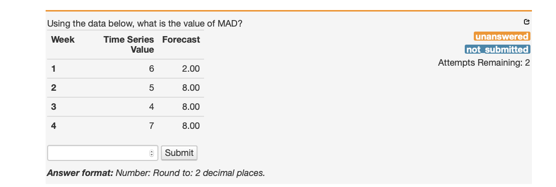 Solved Using the data below, what is the value of MAD? Week | Chegg.com