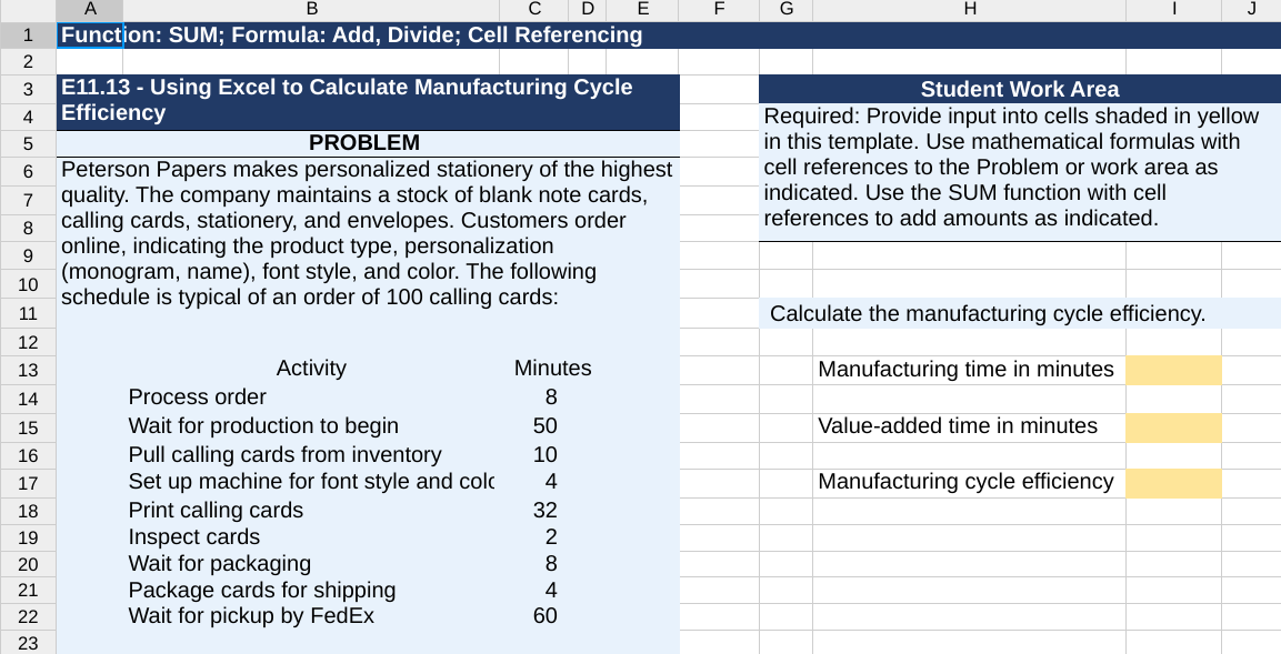 Solved B F G H 1 E Function: SUM; Formula: Add, Divide; Cell | Chegg.com