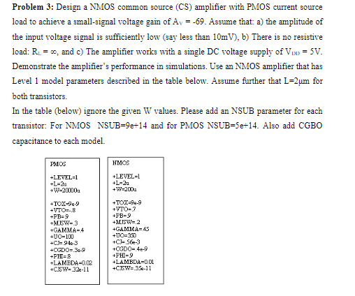 Solved Problem 3: Design a NMOS common source (CS) amplifier | Chegg.com
