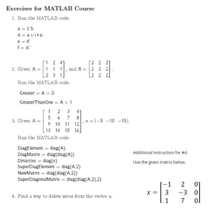 Solved Exercises for MATLAB Course 1. Run the MATLAB code: a | Chegg.com