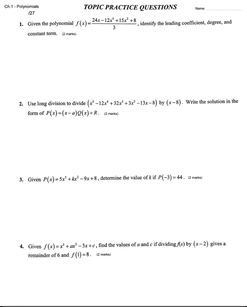 Solved Name: Ch.1 -Polynomials TOPIC PRACTICE QUESTIONS 127 | Chegg.com