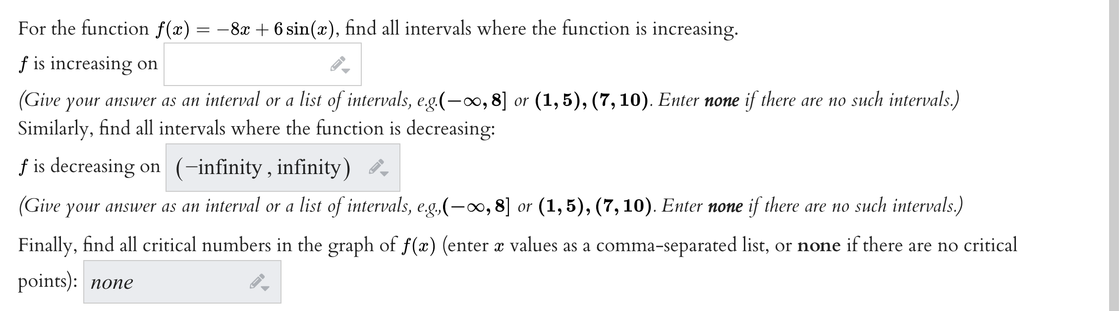 Solved = - ロー) > For the function f(x) = -8x + 6 sin(x), | Chegg.com