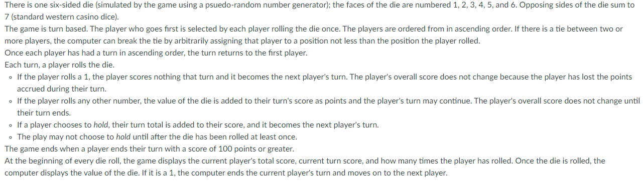 Solved Create the dice game PIG in python3 -game will ask | Chegg.com