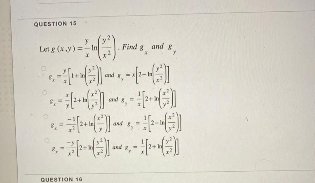Solved the given function f(x,y)=yx2ln(yx2) d∂x∂f and ∂y∂f | Chegg.com
