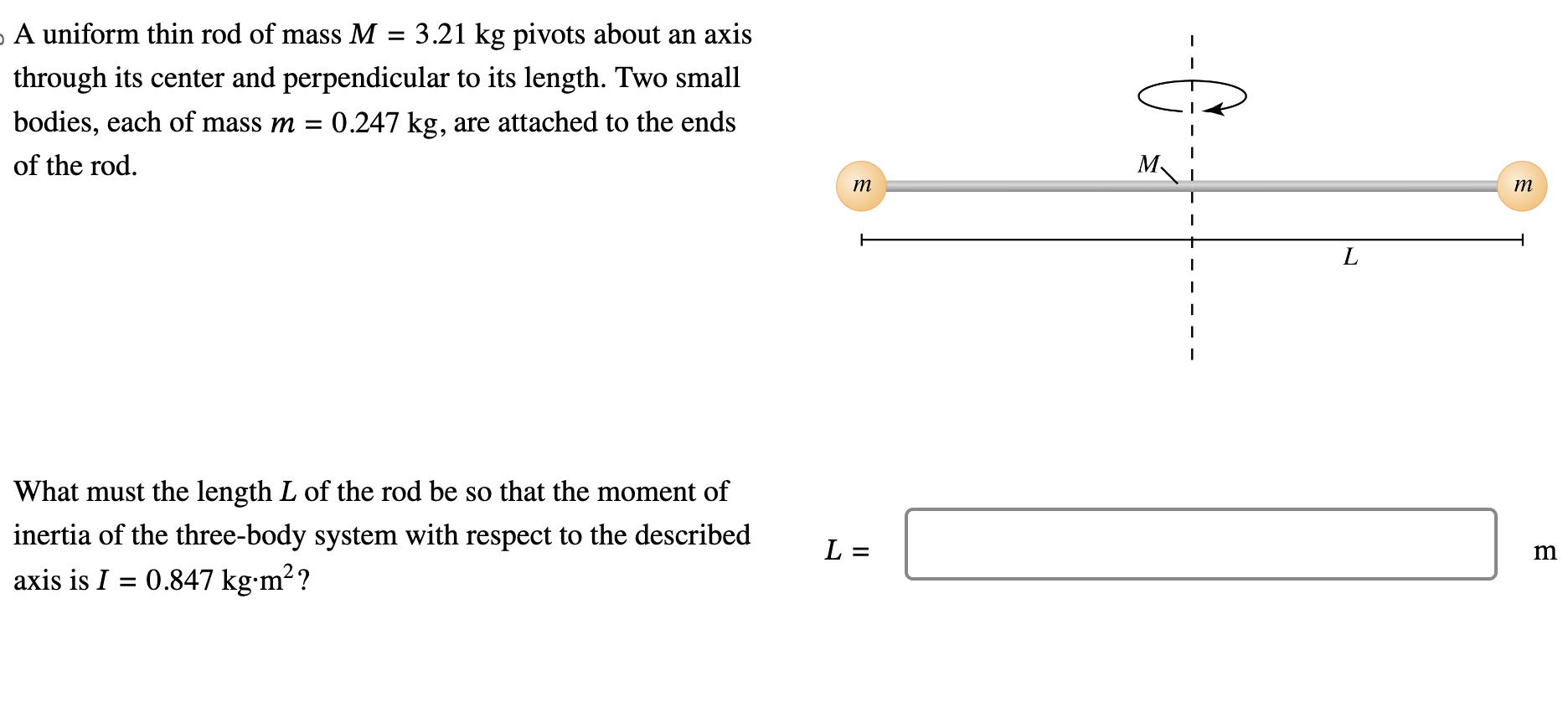 Solved A uniform thin rod of mass M=3.21 kg pivots about an | Chegg.com