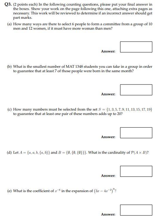 Solved Q3. ( 2 points each) In the following counting | Chegg.com