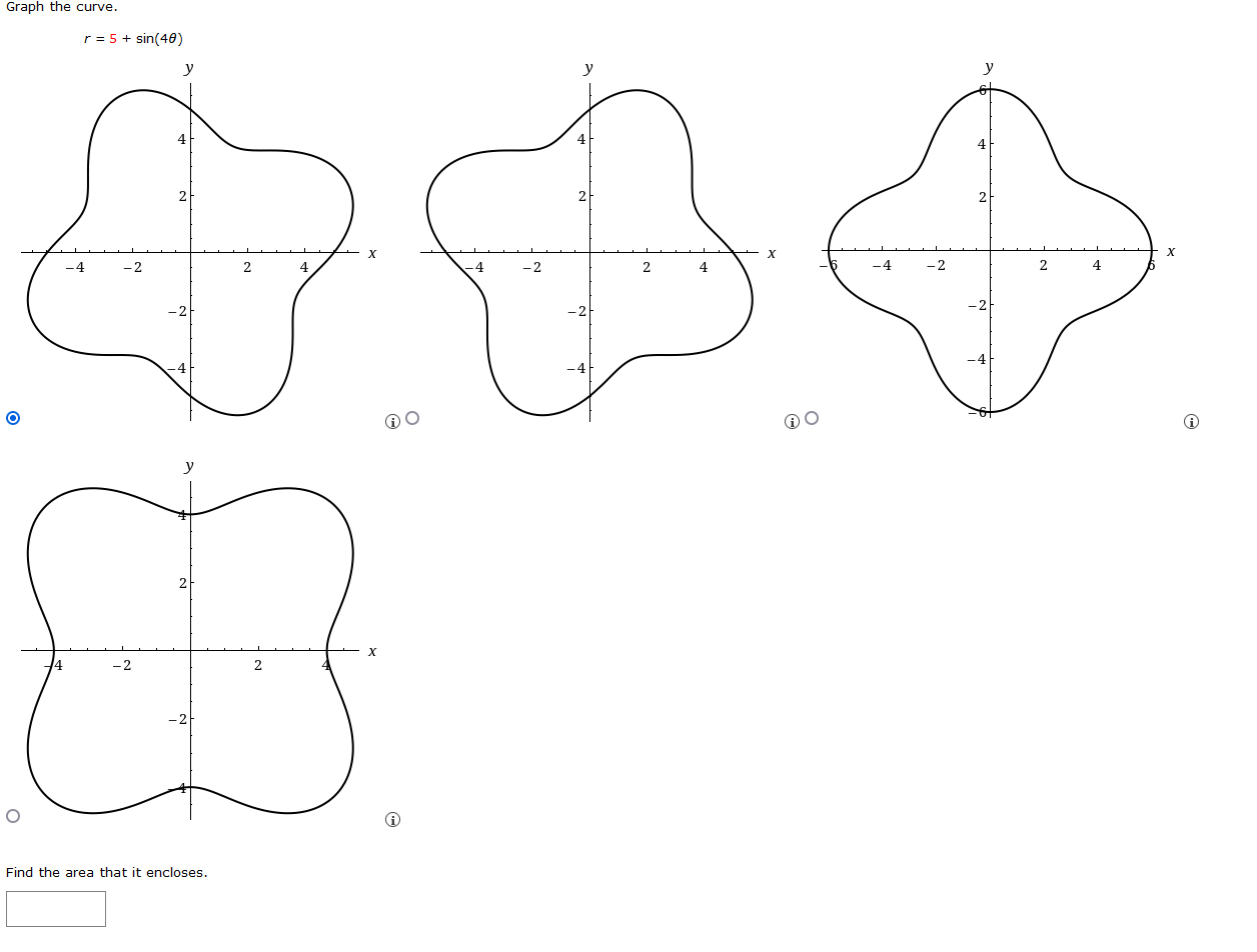 Solved Graph the curve. r=5+sin(4θ) Find the area that it | Chegg.com