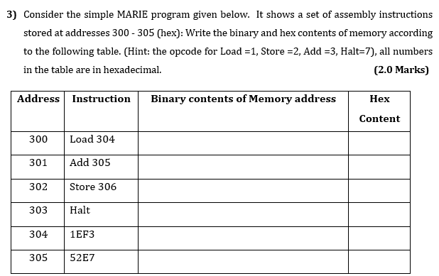 Solved Consider the simple MARIE program given below. It | Chegg.com