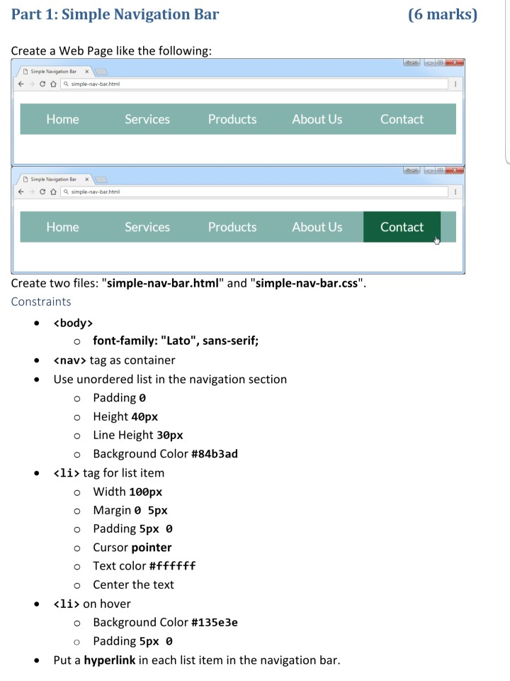 Solved Part 1: Simple Navigation Bar (6 marks) Create a Web | Chegg.com