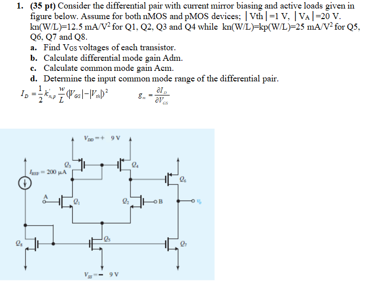 Solved 1. (35 pt) Consider the differential pair with | Chegg.com
