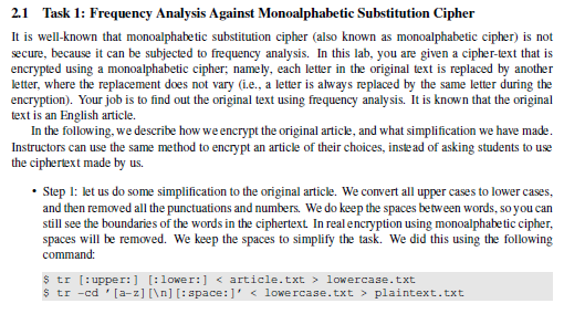 2.1 Task 1: Frequency Analysis Against Monoalphabetic | Chegg.com