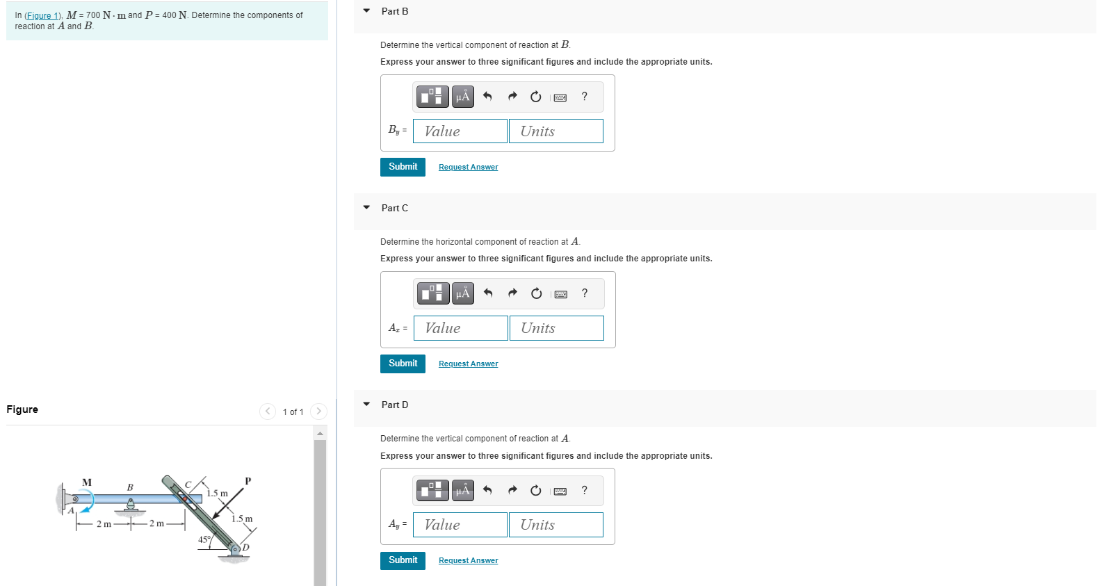 Solved In (Figure 1), M=700 N⋅m and P=400 N. Determine the | Chegg.com