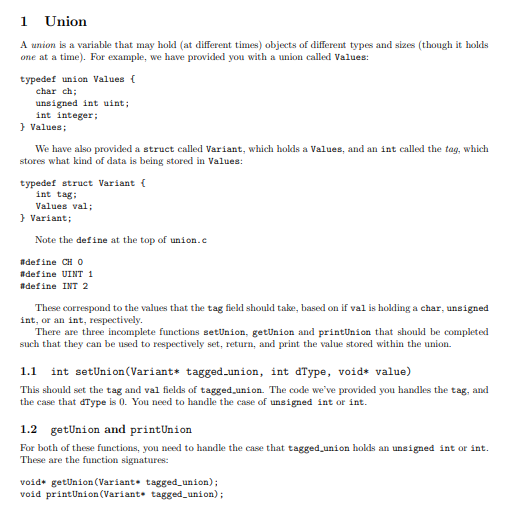 Solved 1 Union A union is a variable that may hold (at | Chegg.com