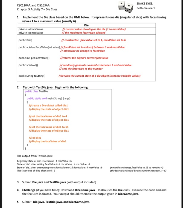 Solved SNAKE EYES CSC110AA and CIS163AA Chapter S Activity | Chegg.com