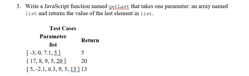 Solved 3. Write a JavaScript function named getLast that | Chegg.com