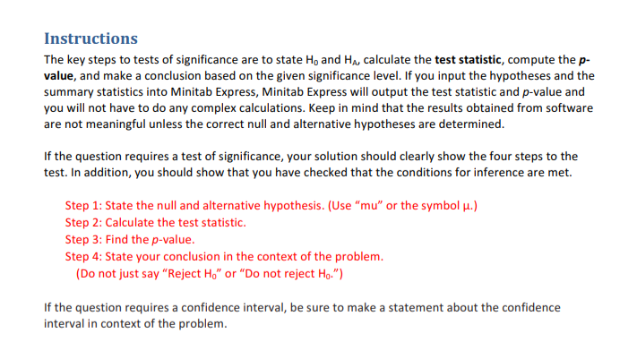 Solved Instructions The key steps to tests of significance | Chegg.com