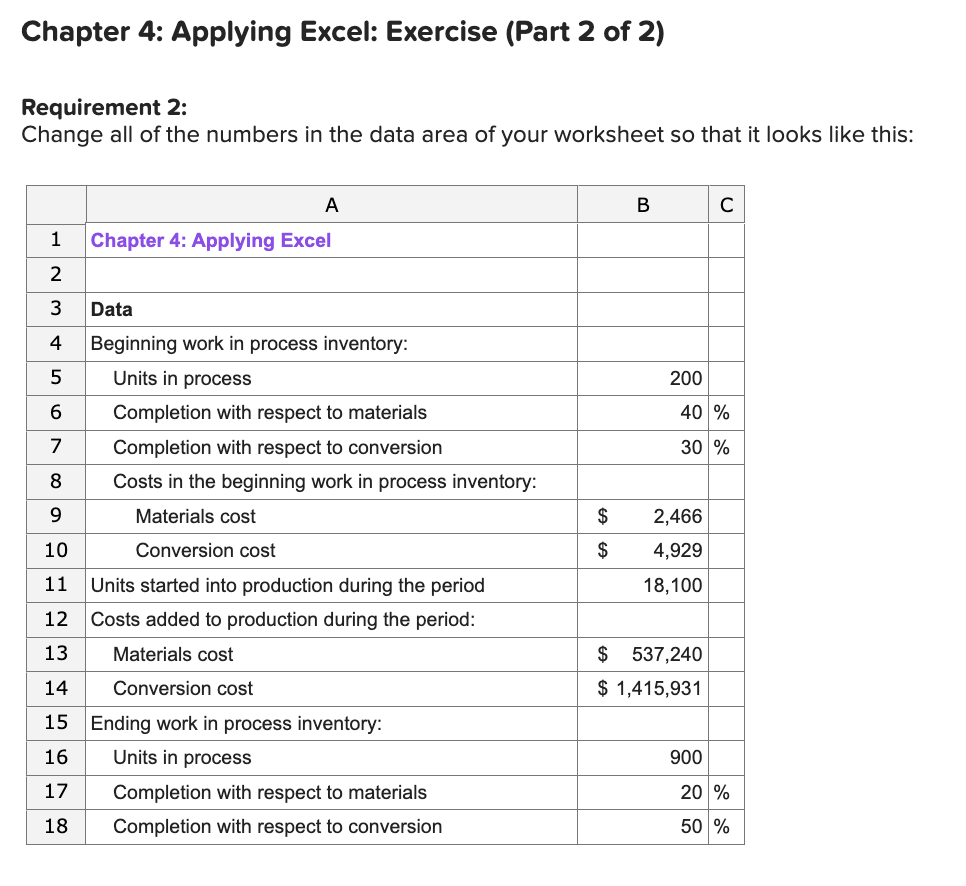 Chapter 4: Applying Excel: Exercise (Part 2 of 2) | Chegg.com