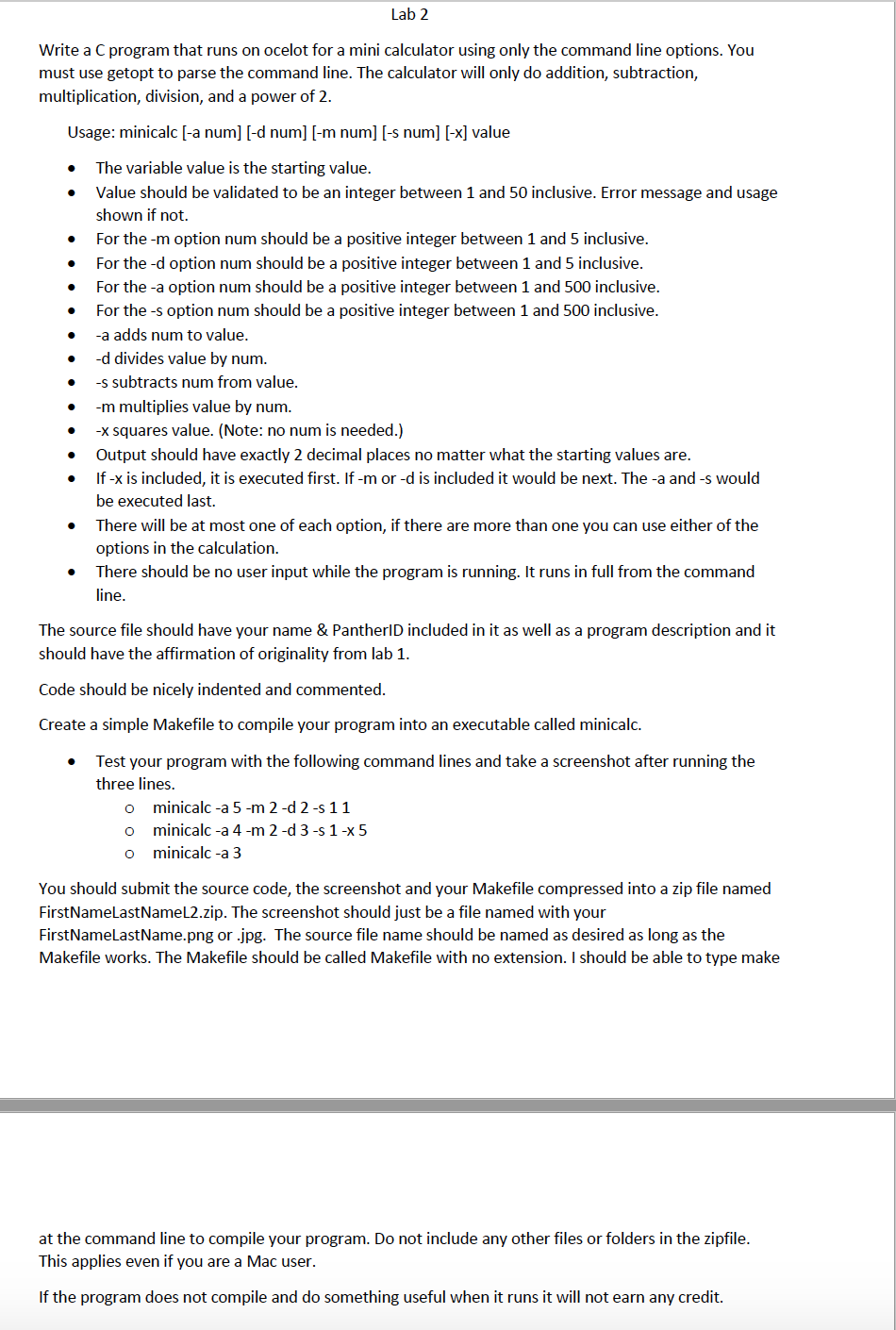 Solved Lab 2 Write a C program that runs on ocelot for a | Chegg.com