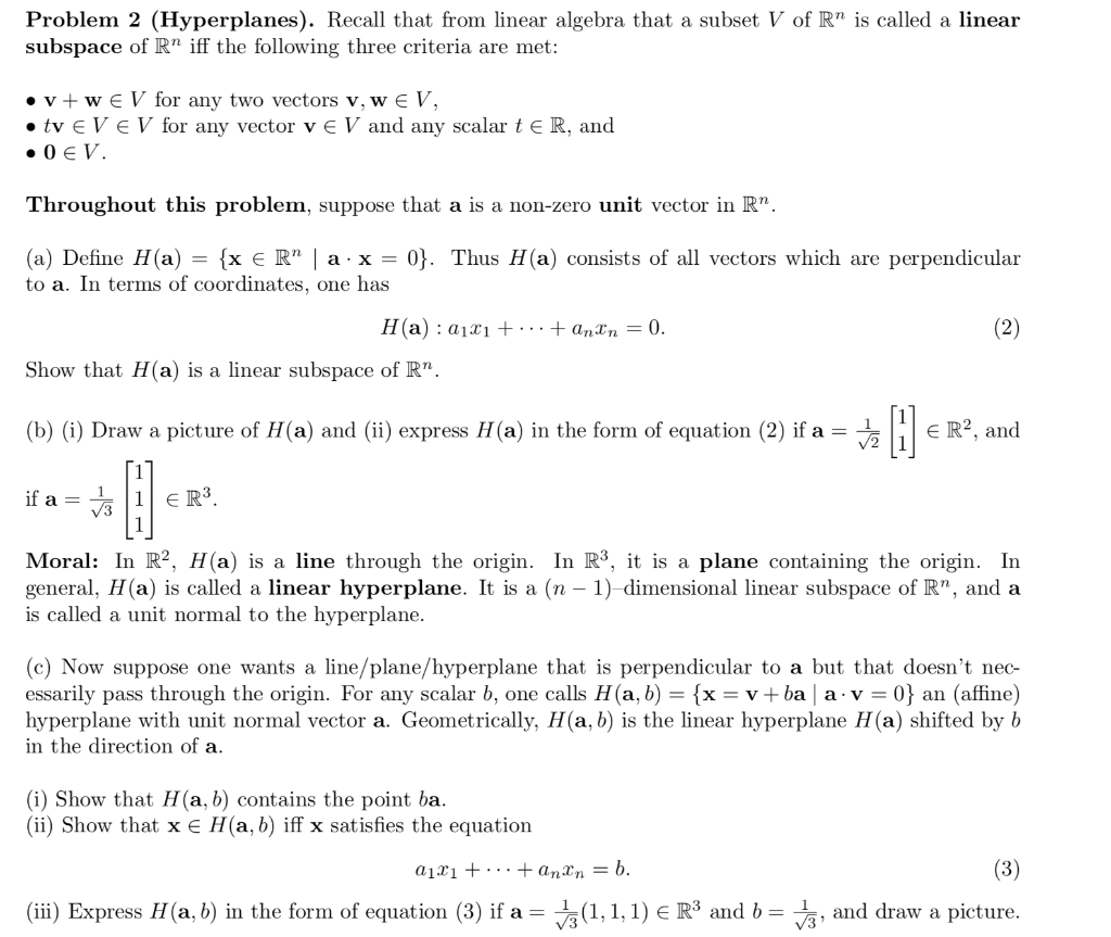 Problem 2 (Hyperplanes). Recall that from linear | Chegg.com